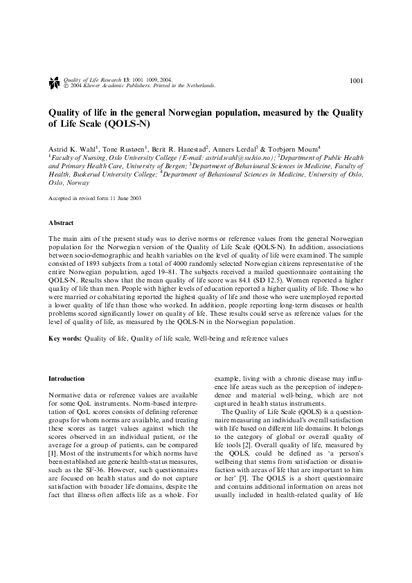 (PDF) Quality of Life in the General Norwegian Population, Measured by ...