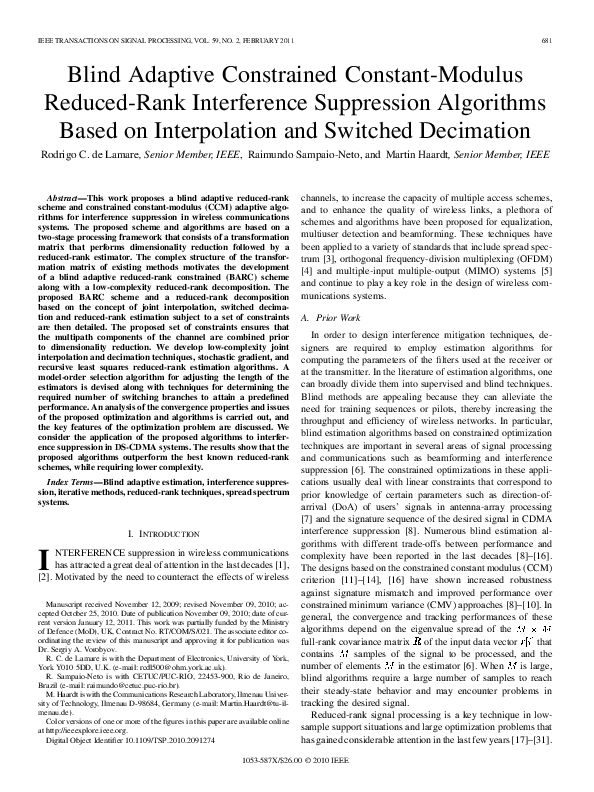 Pdf Blind Adaptive Constrained Constant Modulus Reduced Rank Interference Suppression 