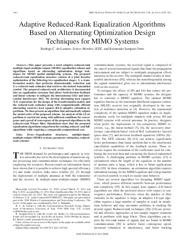 (PDF) Adaptive MIMO Equalization via Reduced-Rank Methods