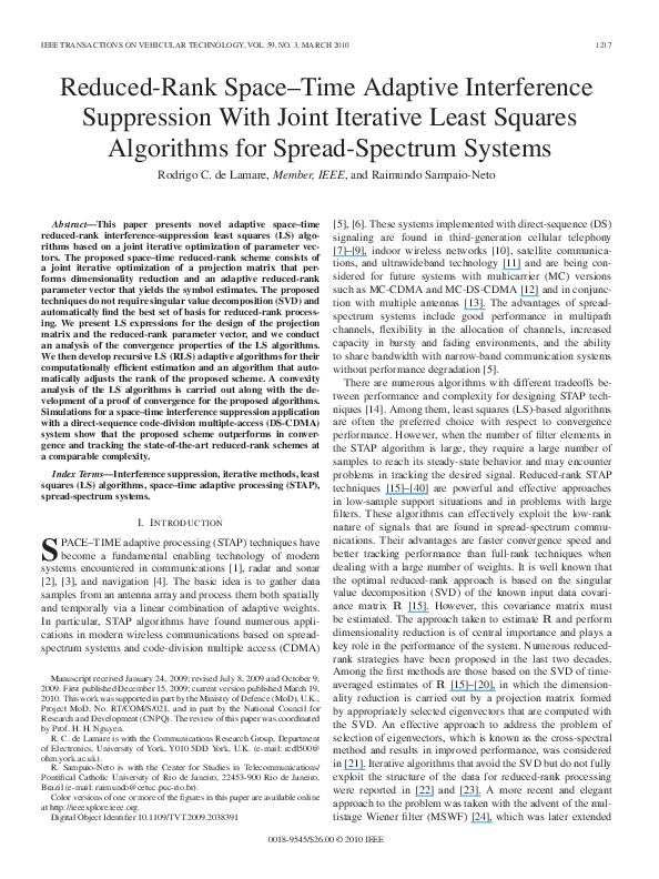 Pdf Reduced Rank Space Time Adaptive Interference Suppression With Joint Iterative Least
