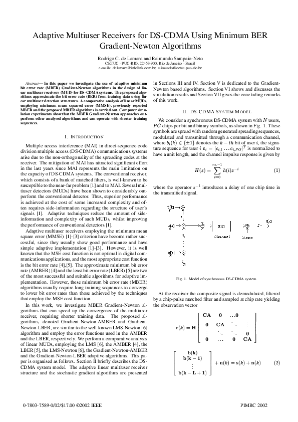 Pdf Adaptive Multiuser Receivers For Ds Cdma Using Minimum Ber Gradient Newton Algorithms