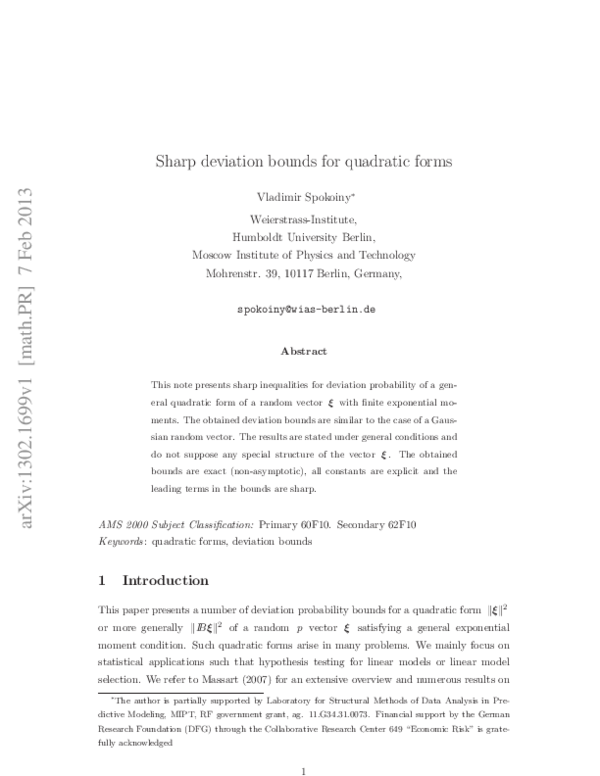 (PDF) Sharp deviation bounds for quadratic forms