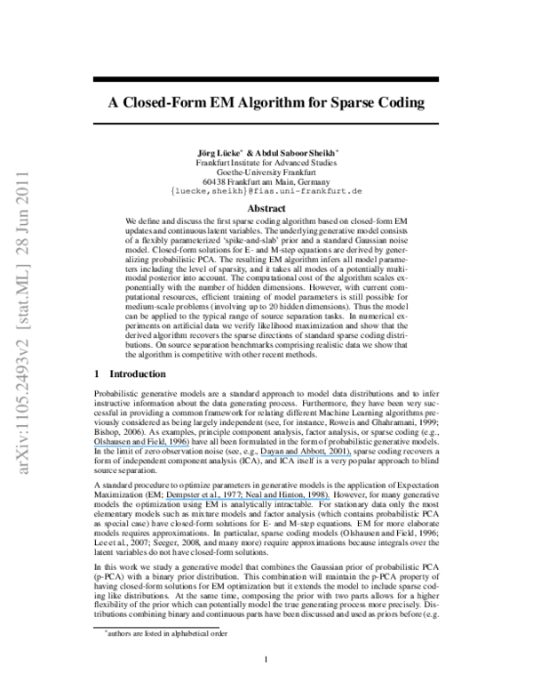 (PDF) Closed-Form EM for Sparse Coding and Its Application to Source Separation