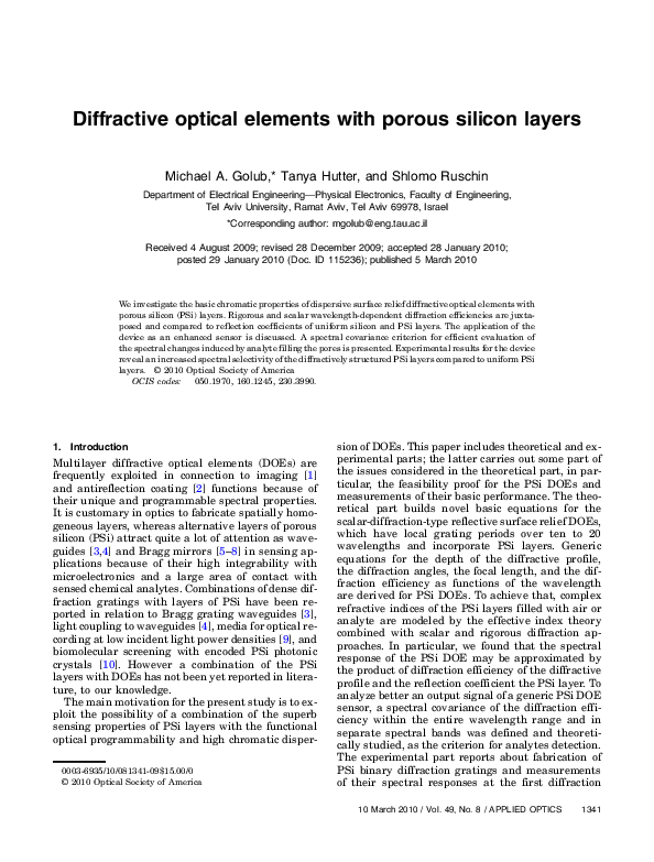 (PDF) Diffractive optical elements with porous silicon layers
