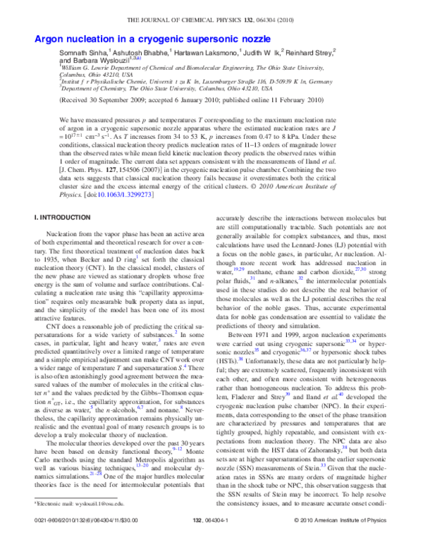 (PDF) Argon nucleation in a cryogenic supersonic nozzle