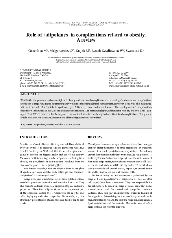 (PDF) Role of adipokines in complications related to obesity. A review