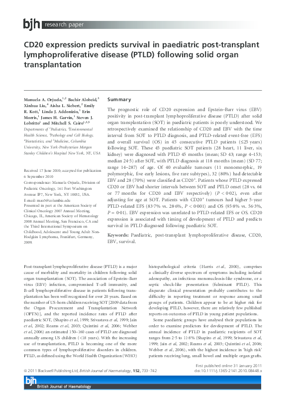 (PDF) CD20 expression predicts survival in paediatric post‐transplant ...