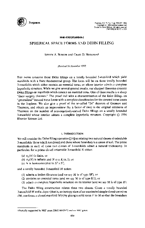 (PDF) Spherical space forms and Dehn filling | Steven Bleiler ...