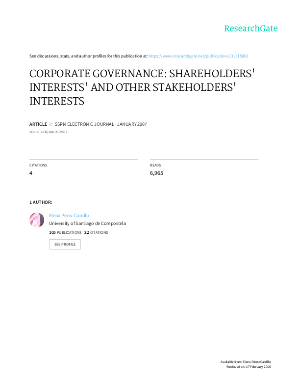 (PDF) CORPORATE GOVERNANCE: SHAREHOLDERS' INTERESTS' AND OTHER ...