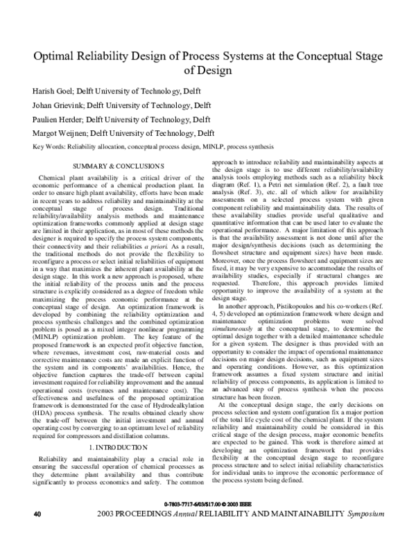 (PDF) Optimal reliability design of process systems at the conceptual ...