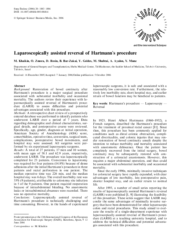 (PDF) Laparoscopically assisted reversal of Hartmann's procedure