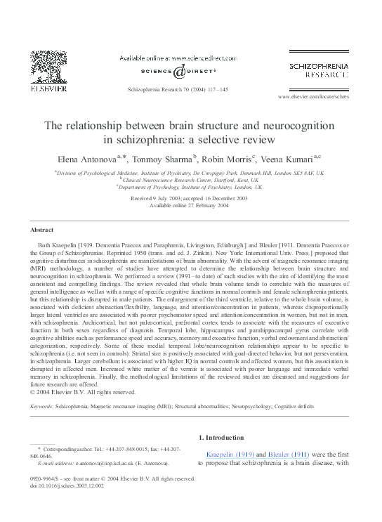 (PDF) The relationship between brain structure and neurocognition in schizophrenia: a selective ...