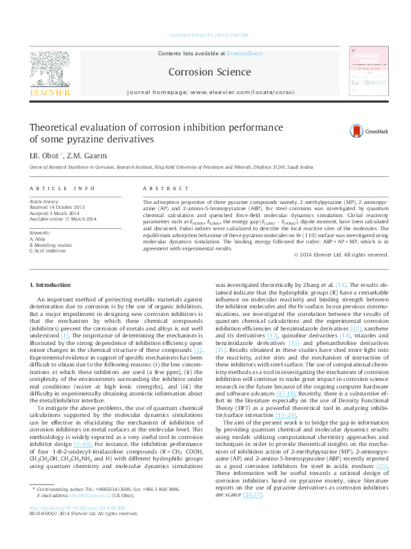 (PDF) Theoretical evaluation of corrosion inhibition performance of some pyrazine derivatives