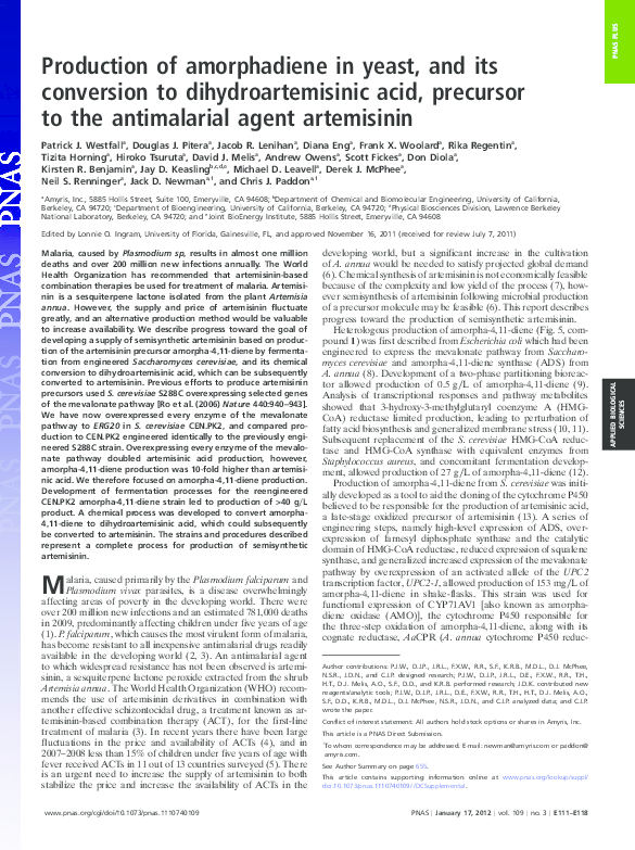 (PDF) Production of amorphadiene in yeast, and its conversion to ...