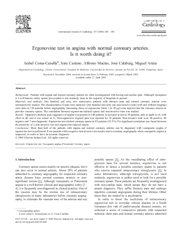(PDF) Ergonovine test in angina with normal coronary arteries. Is it ...