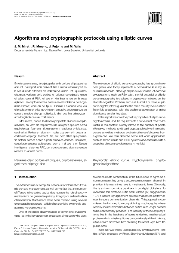 Pdf Algorithms And Cryptographic Protocols Using Elliptic Curves