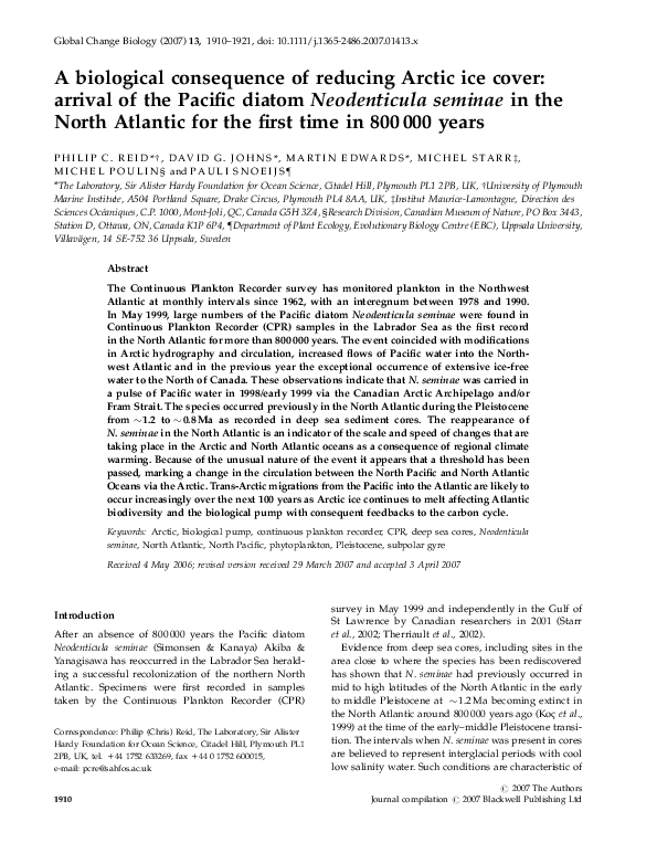 (PDF) A biological consequence of reducing Arctic ice cover: arrival of ...