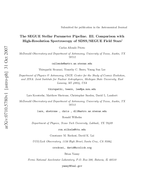 (PDF) The Segue Stellar Parameter Pipeline. III. Comparison With High-Resolution Spectroscopy of ...