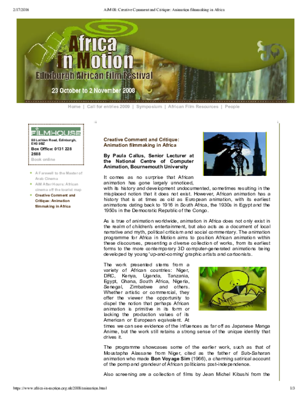 (PDF) Creative Comment and Critique: Animation filmmaking in Africa