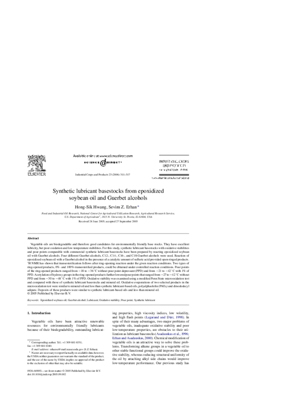 (PDF) Synthetic lubricant basestocks from epoxidized soybean oil and ...