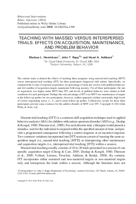 (PDF) Teaching with Massed Versus Interspersed Trials: Effects on ...