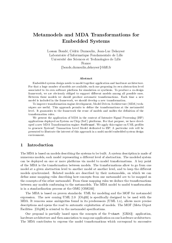 (PDF) Metamodels and MDA Transformations for Embedded Systems