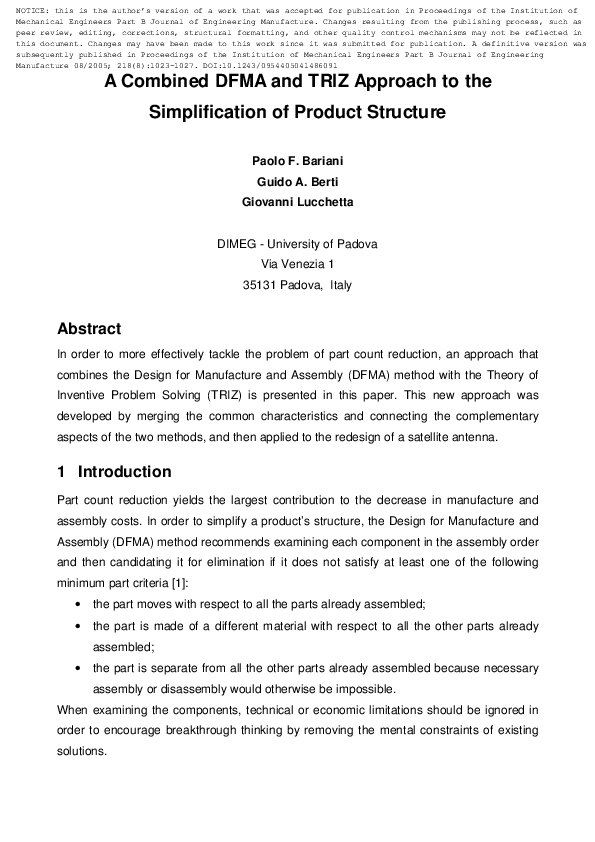 (PDF) A combined DFMA and TRIZ approach to the simplification of product structure