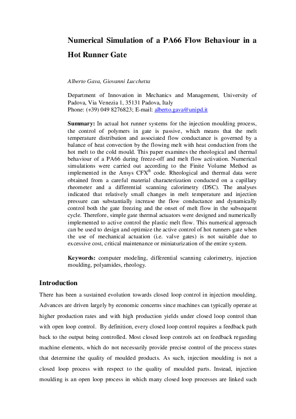 (PDF) Numerical Simulation of a PA66 Flow Behaviour in a Hot Runner Gate