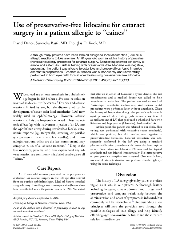 (PDF) Use of preservative-free lidocaine for cataract surgery in a ...