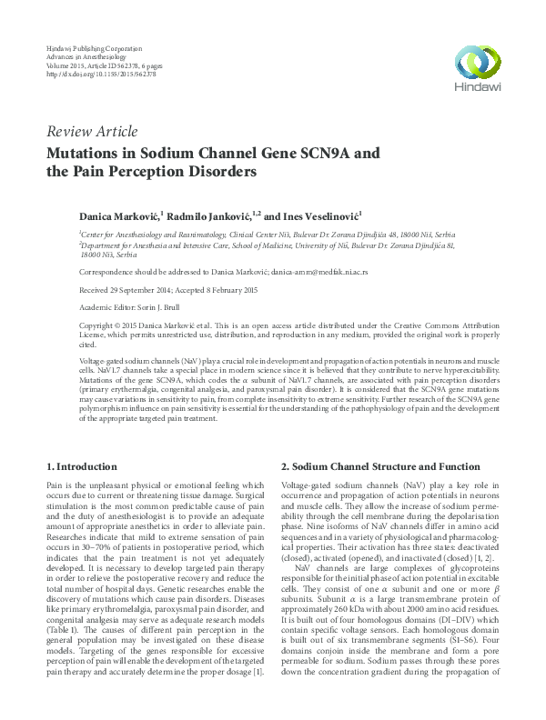 (PDF) Mutations in Sodium Channel Gene SCN9A and the Pain Perception Disorders