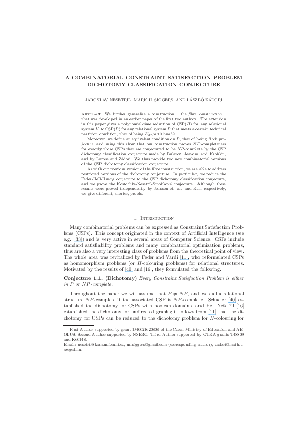 (PDF) A combinatorial constraint satisfaction problem dichotomy classification conjecture