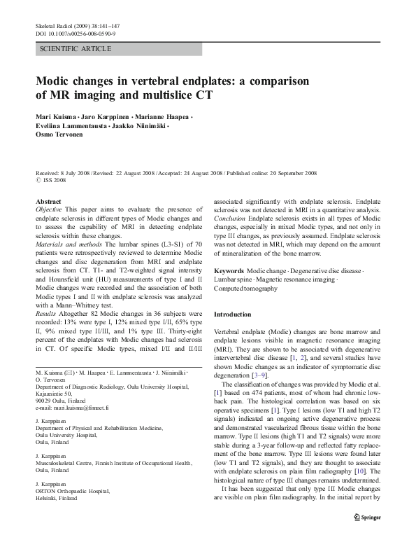 (PDF) Modic changes in vertebral endplates: a comparison of MR imaging ...