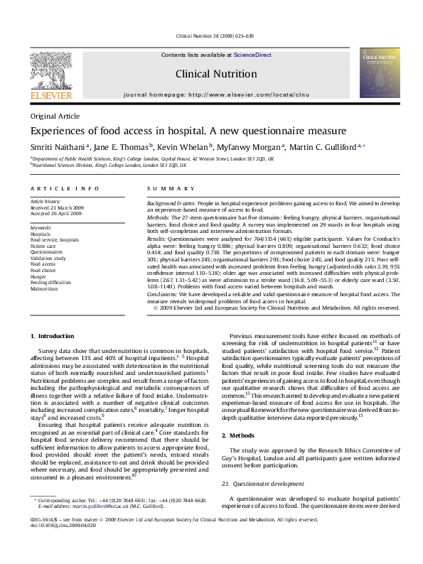 (PDF) Experiences of food access in hospital. A new questionnaire measure