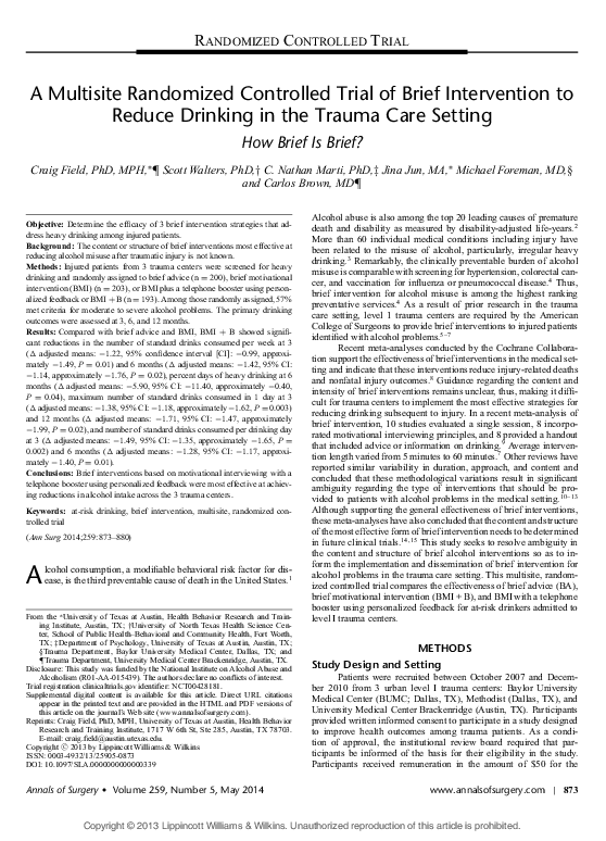 Pdf A Multisite Randomized Controlled Trial Of Brief Intervention To Reduce Drinking In The