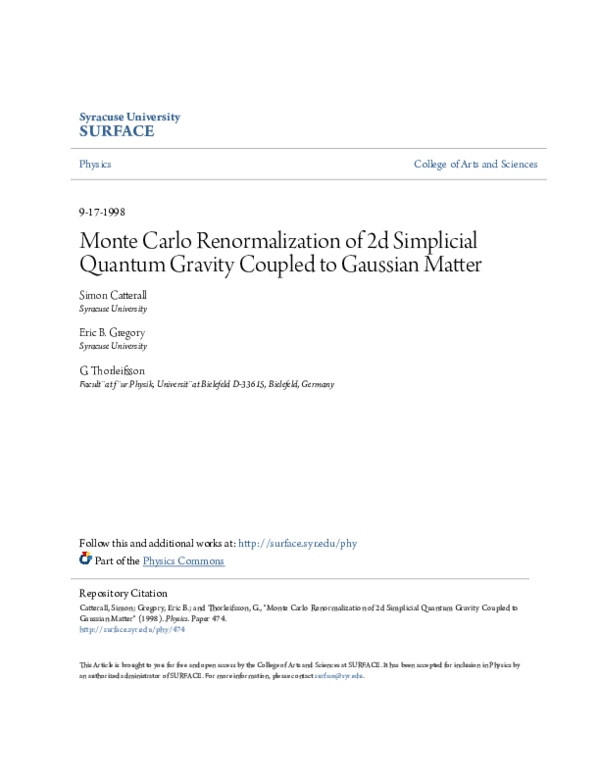 (PDF) Monte Carlo renormalization of 2d simplicial quantum gravity coupled to Gaussian matter