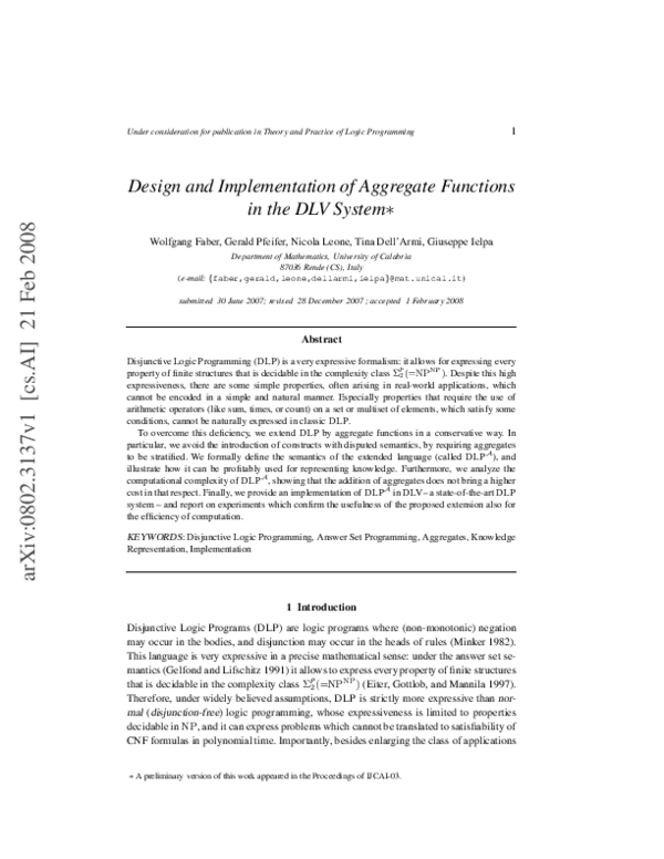 (PDF) Design and implementation of aggregate functions in the DLV system