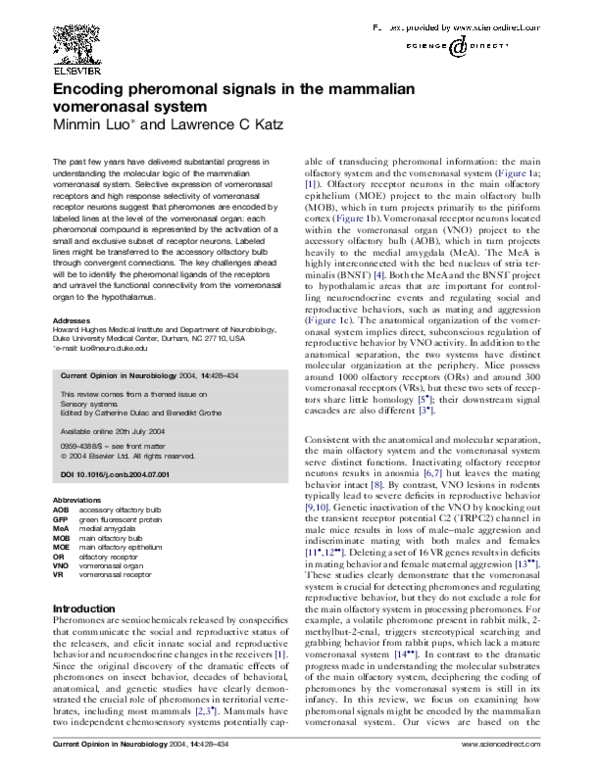 (PDF) Encoding pheromonal signals in the mammalian vomeronasal system