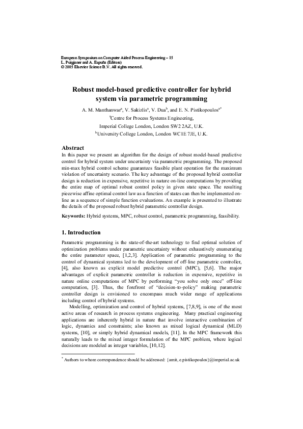 Pdf Robust Model Based Predictive Controller For Hybrid System Via Parametric Programming