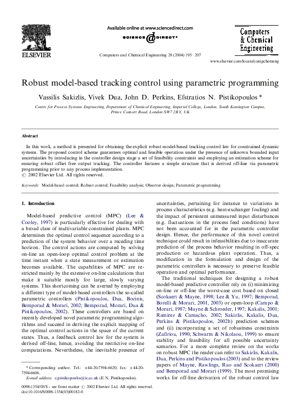 Pdf Robust Model Based Tracking Control Using Parametric Programming