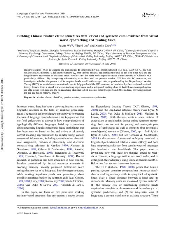 (PDF) Building Chinese relative clause structures with lexical and syntactic cues: Evidence from ...