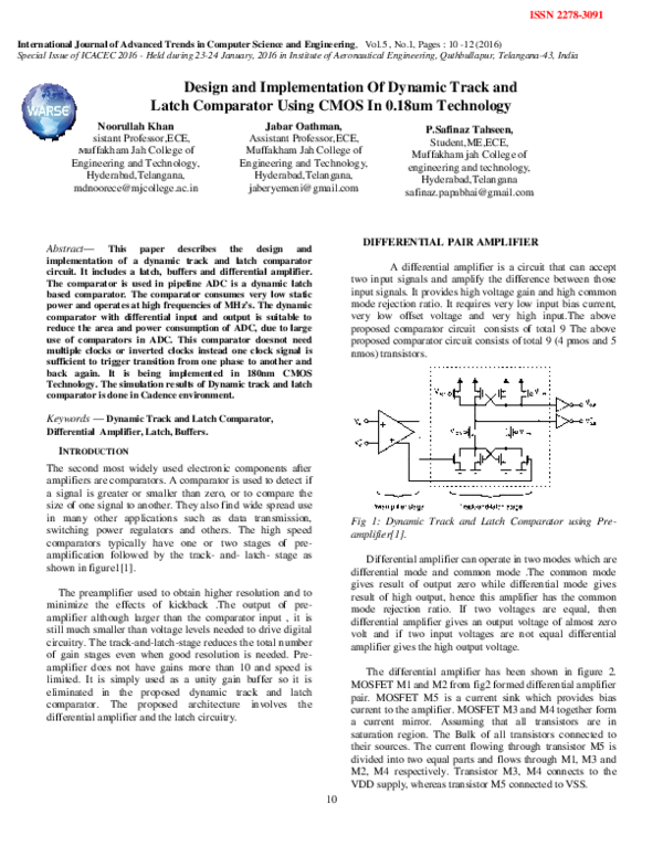 (PDF) Design and Implementation Of Dynamic Track and Latch Comparator Using CMOS In 0.18um ...