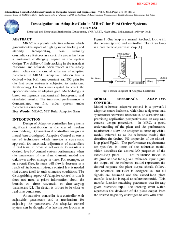 Pdf Investigation On Adaptive Gain In Mrac For First Order Systems