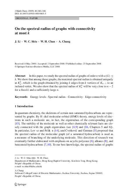 (PDF) On the spectral radius of graphs with connectivity at most k