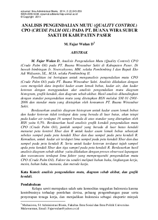 (PDF) ANALISIS PENGENDALIAN MUTU (QUALITY CONTROL) CPO (CRUDE PALM OIL) PADA PT. BUANA WIRA ...