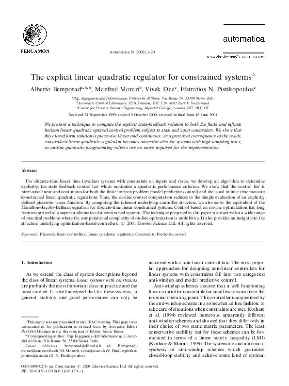 (PDF) The explicit linear quadratic regulator for constrained systems