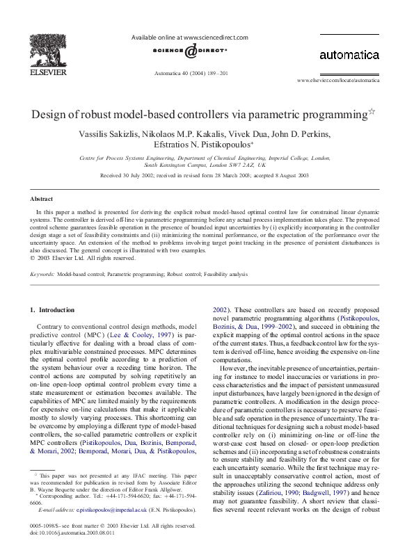 Pdf Design Of Robust Model Based Controllers Via Parametric Programming