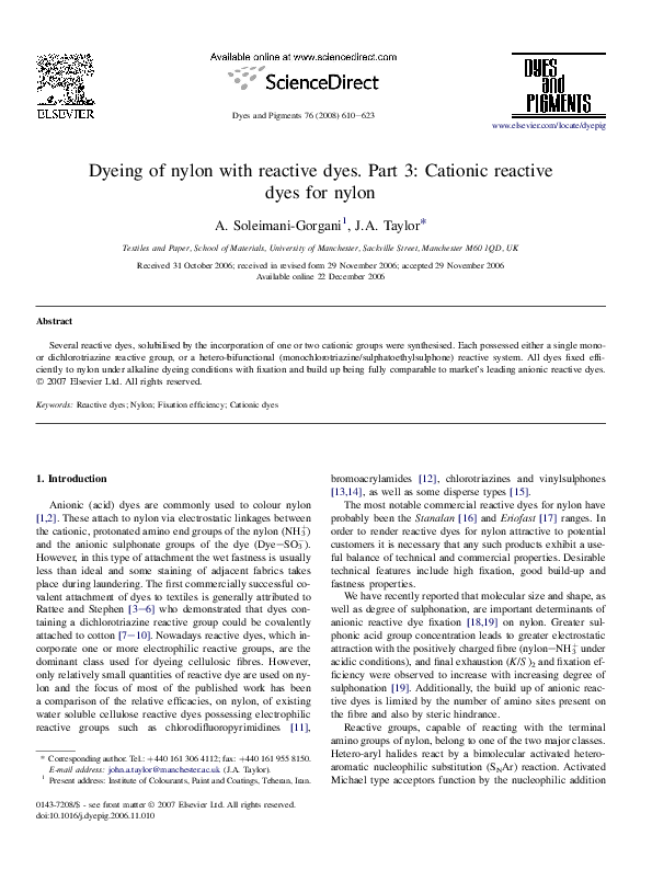 (PDF) Dyeing of nylon with reactive dyes. Part 3: Cationic reactive ...