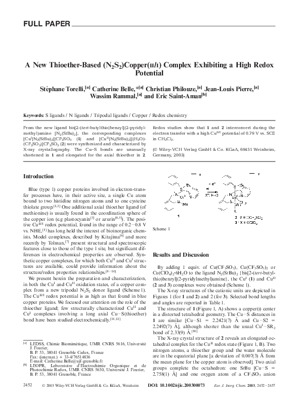 (PDF) A New Thioether-Based (N2S2)Copper(II/I) Complex Exhibiting a High Redox Potential