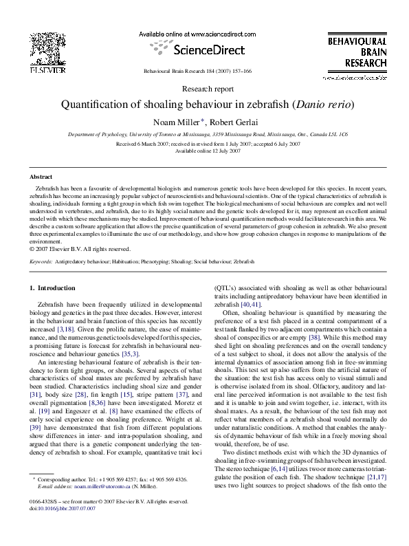 (PDF) Quantification of shoaling behaviour in zebrafish (Danio rerio)