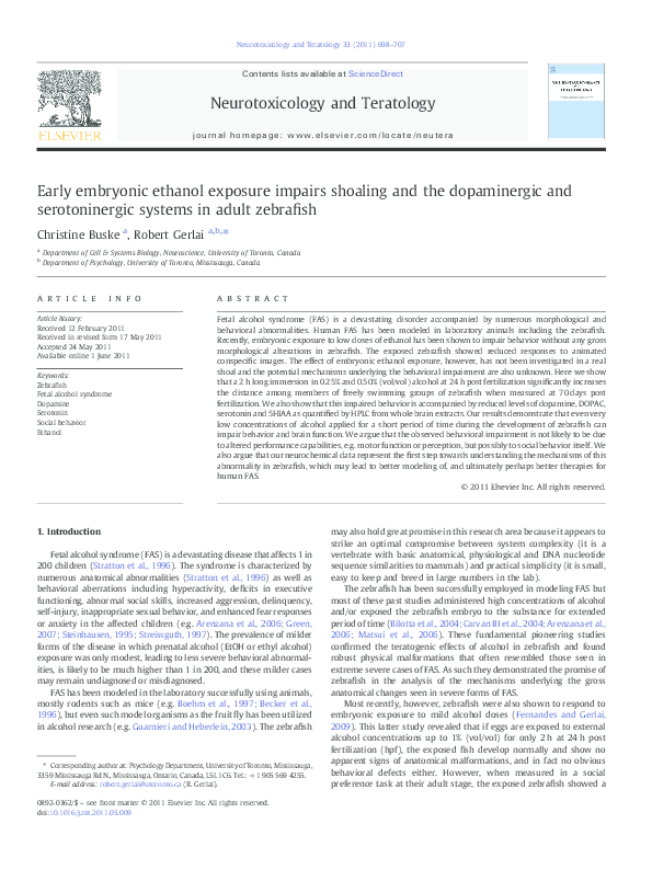(PDF) Early embryonic ethanol exposure impairs shoaling and the ...